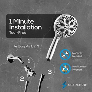 SparkPod 10-Mode Shower Head with Hose - Luxury 5" High Pressure Shower Heads - Handheld Shower Head with High Pressure Built-In Power Jet, Stainless Steel 6ft Hose and Bracket (Polished Chrome)