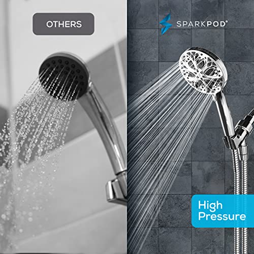 SparkPod 10-Mode Shower Head with Hose - Luxury 5" High Pressure Shower Heads - Handheld Shower Head with High Pressure Built-In Power Jet, Stainless Steel 6ft Hose and Bracket (Polished Chrome)