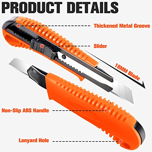 TIFICAL Box Cutter, Multi-Purpose Utility Knife for Cutting Depth, Box Cutter Retractable with 18MM-Wide 10 Blades for Replacement, Anti-Slip Handle Box Knife for Cartons, Cardboard And Boxes (Orange)