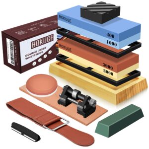 knife sharpening stone, bokuge professional whetstone knife sharpener, 4 side grit 400/1000 3000/8000, complete knife sharpening kit with non-slip bamboo base, honing guide, polishing combination