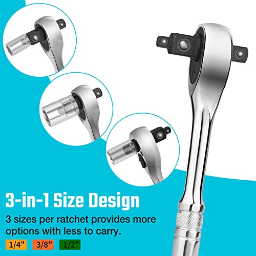 DURATECH 3-IN-1 Ratchet Handle, 1/4", 3/8", 1/2" Drive Ratchet Wrench, 72-Tooth, Reversible Switch, Full-Polished Chrome Plating, Alloy Steel