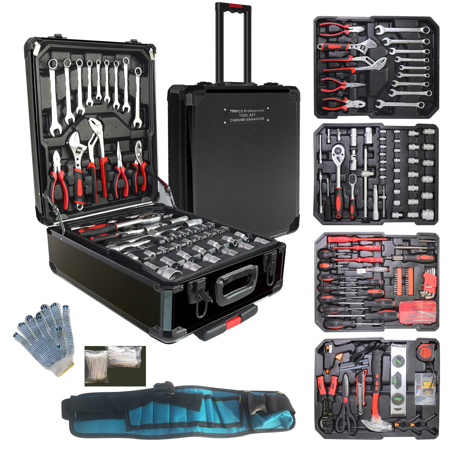 Arcwares 799pcs Aluminum Trolley Case Tool Set Silver, House Repair Kit Set, Household Hand Tool Set, with Tool Belt,Gift on Father's Day, Valentine's Day, Christmas