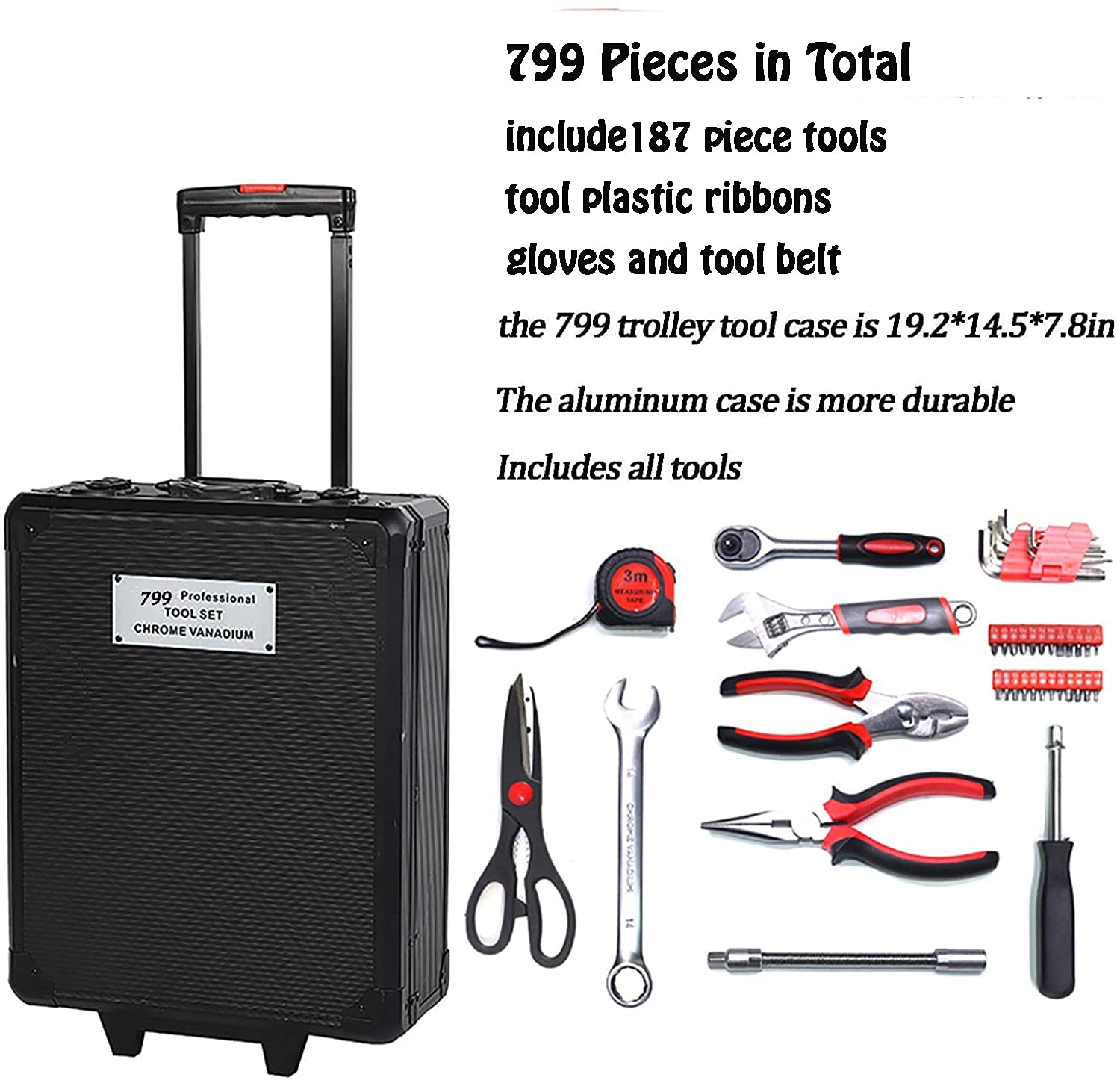 Arcwares 799pcs Aluminum Trolley Case Tool Set Silver, House Repair Kit Set, Household Hand Tool Set, with Tool Belt,Gift on Father's Day, Valentine's Day, Christmas