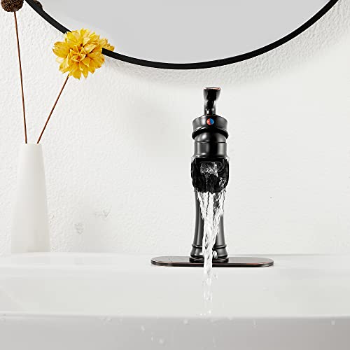 Oil Rubbed Bronze Bathroom Faucet GGStudy Waterfall Single Handle One Hole Farmhouse Bronze Bathroom Vanity Faucet Basin Mixter Tap Deck Mount with Drain Assembly