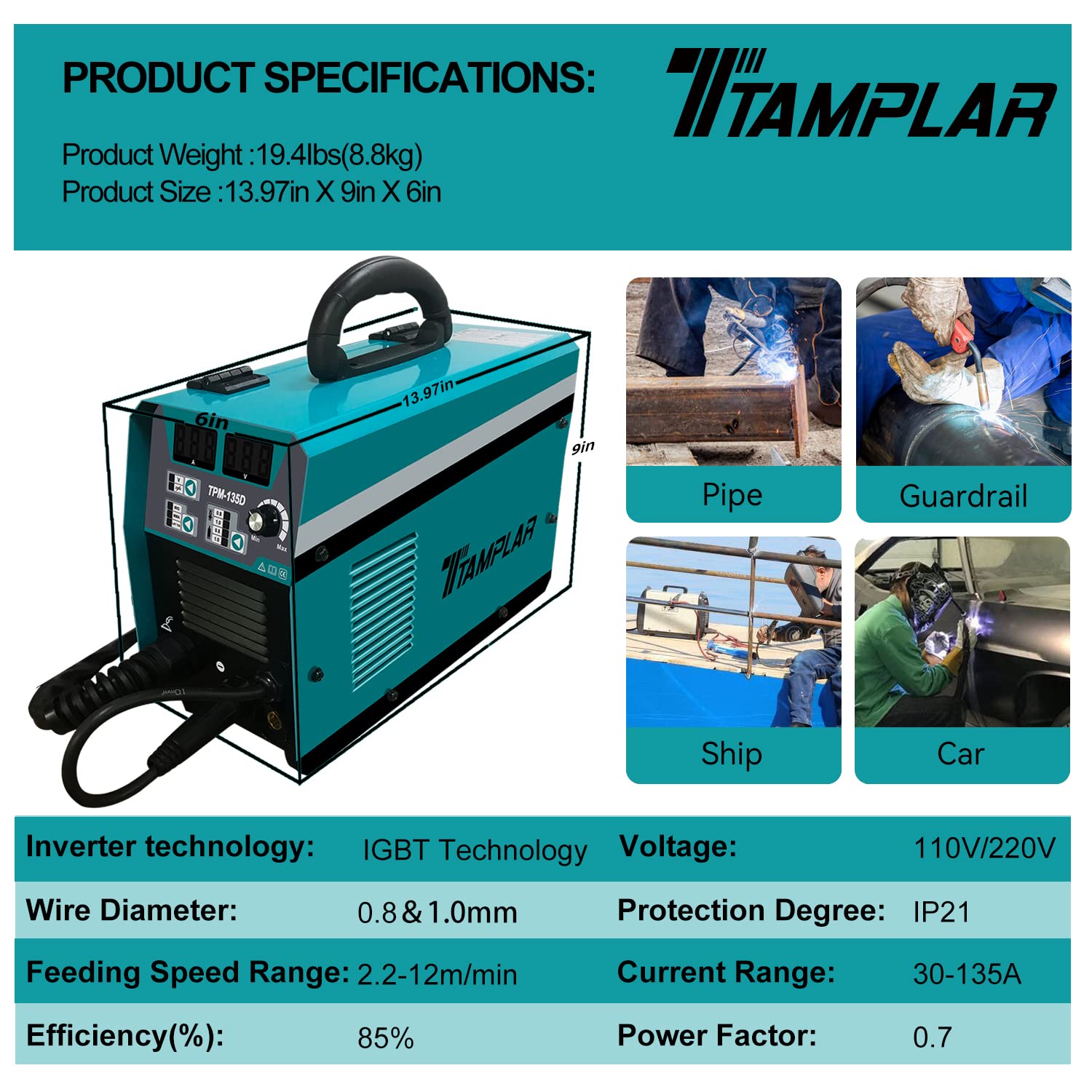 TTAMPLAR MIG Welder - 4 in 1 Flux MIG/Solid Wire/Stick ARC/Lift TIG 135D Gas/Gasless welding, 110V&220V Dual Voltage IGBT Inverter Welding Machine