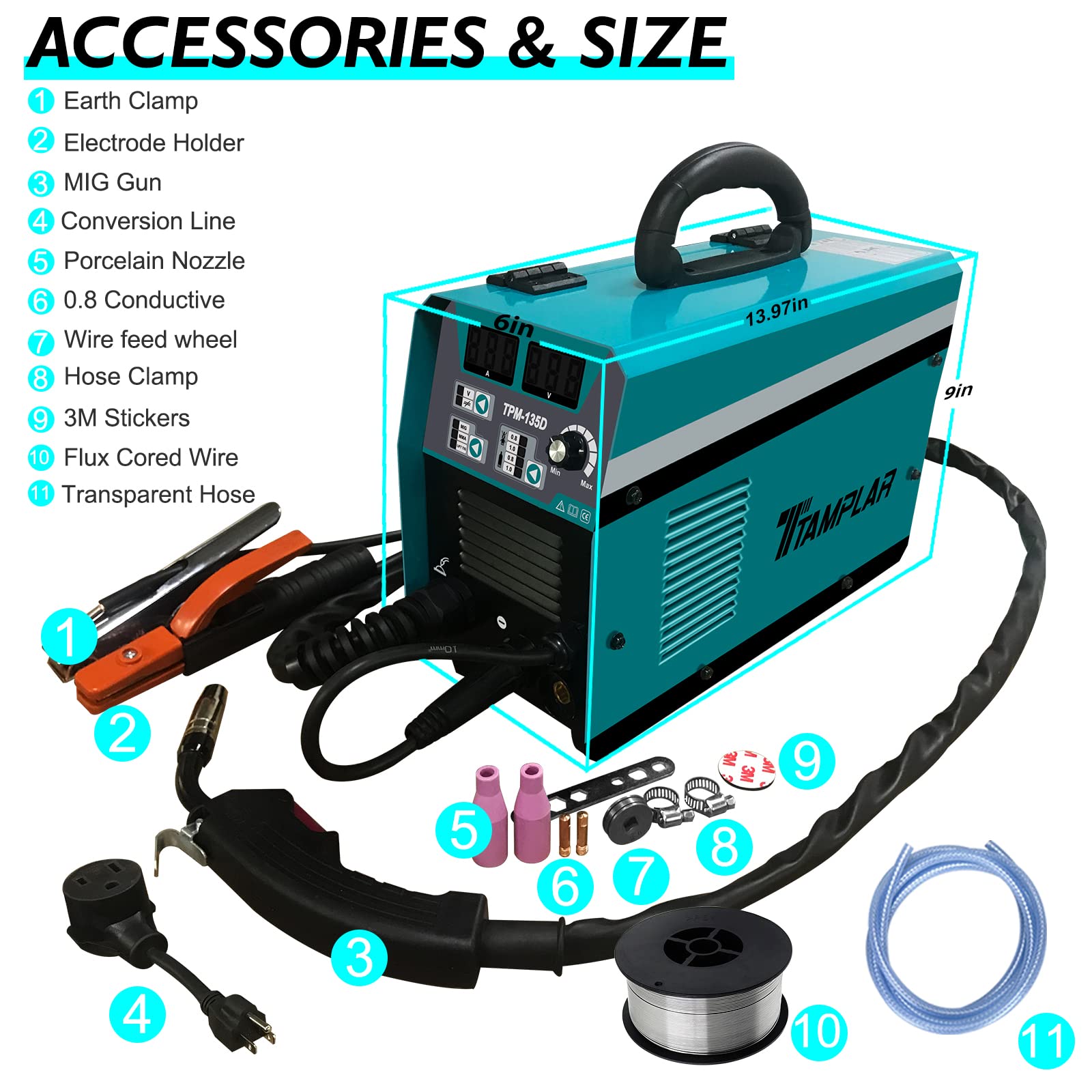 TTAMPLAR MIG Welder - 4 in 1 Flux MIG/Solid Wire/Stick ARC/Lift TIG 135D Gas/Gasless welding, 110V&220V Dual Voltage IGBT Inverter Welding Machine