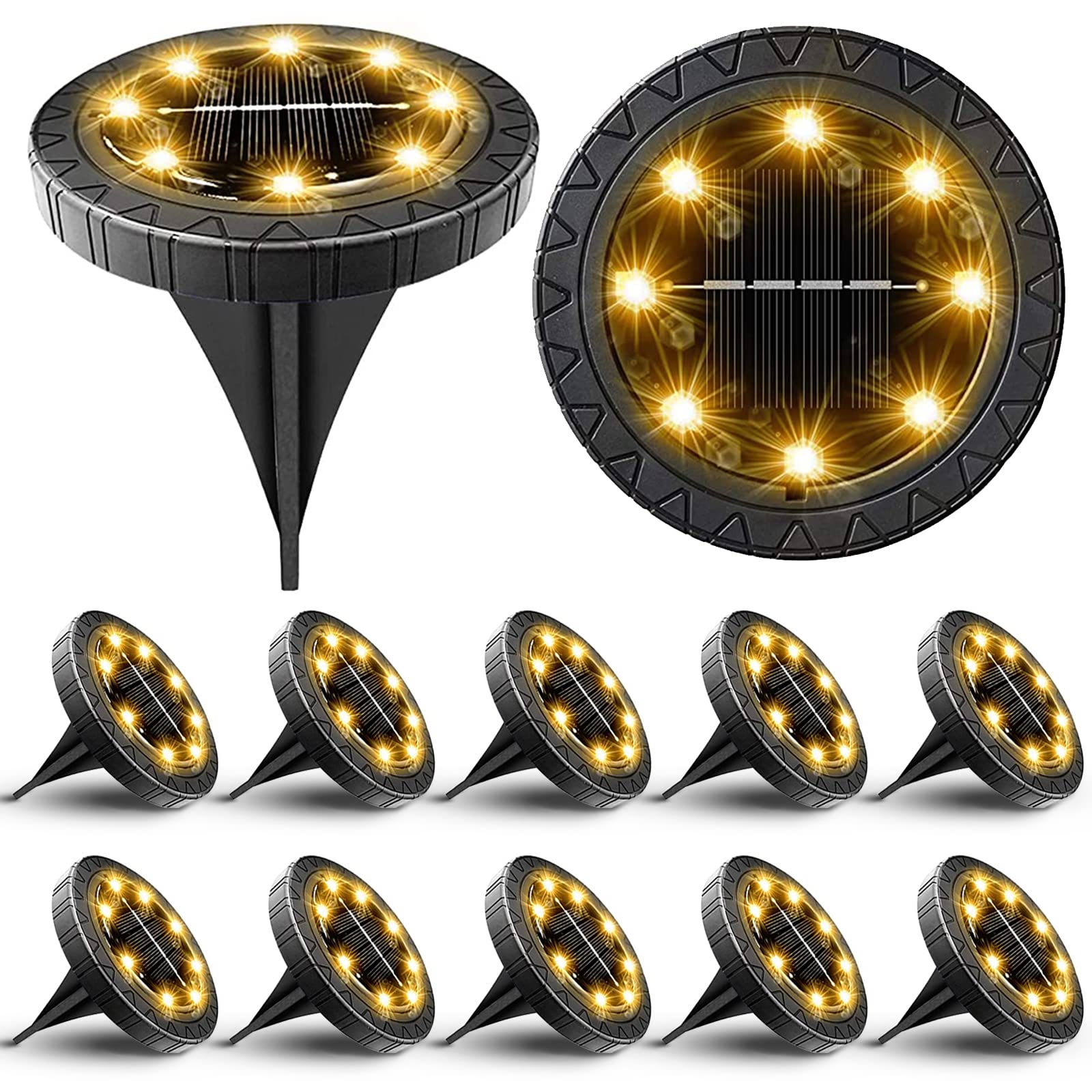 Solar Powered Ground lights 12 Pack,Waterproof LED Solar Lights Outdoor Solar Disk Lights Decorative,Solar Garden Lights for Landscape Pathway Patio Yard Walkway Path Lawn Driveway Lighting Warm White