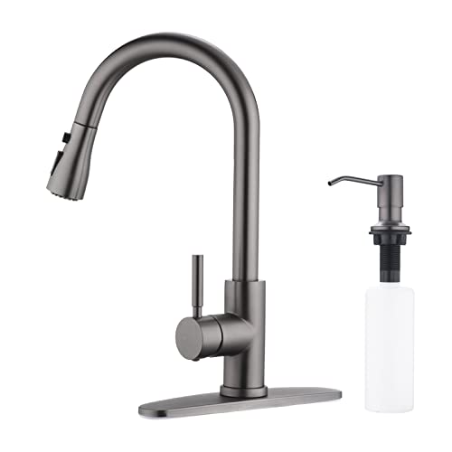 Black Stainless Kitchen Faucet with Pull Down Sprayer WEWE, Single Handle Commercial Modern RV Laundry Stainless Steel Sink Faucet with Soap Dispenser