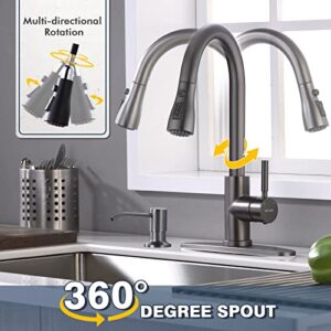 Black Stainless Kitchen Faucet with Pull Down Sprayer WEWE, Single Handle Commercial Modern RV Laundry Stainless Steel Sink Faucet with Soap Dispenser