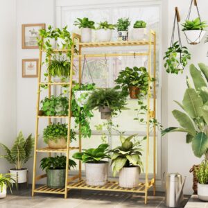 bamworld hanging large plant stand indoor, bamboo tall plant shelf for multiple plants, ladder coat flower rack for window garden balcony home decor living room bedroom