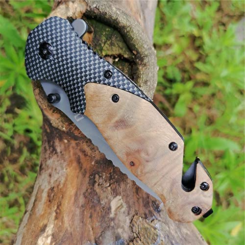 DOOM BLADE 3.35" Blade Pocket Folding Knife with Glass Breaker, Seatbelt Cutter and Pocket Clip,EDC Knife with wood handle Sharp Tactical Camping Survival Hiking Knives (Type1)