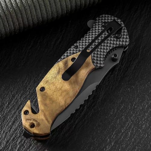 DOOM BLADE 3.35" Blade Pocket Folding Knife with Glass Breaker, Seatbelt Cutter and Pocket Clip,EDC Knife with wood handle Sharp Tactical Camping Survival Hiking Knives (Type1)