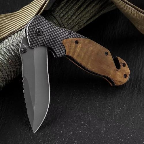 DOOM BLADE 3.35" Blade Pocket Folding Knife with Glass Breaker, Seatbelt Cutter and Pocket Clip,EDC Knife with wood handle Sharp Tactical Camping Survival Hiking Knives (Type1)