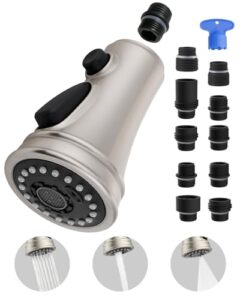 hygie rinse pull down faucet head replacement with 11 adapters compatible with moen delta kohler curve faucet head, 3 function kitchen sink faucet sprayer head fit most faucet, brushed nickel