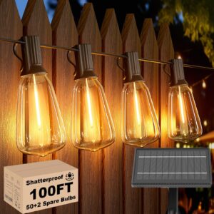 svater solar string lights outdoor, 100ft st38 patio lights with 52 shatterproof led bulbs(2 spare), waterproof plastic solar powered hanging lights string for outside backyard, garden, pergola