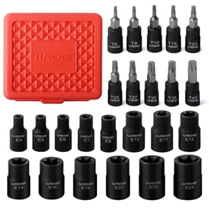 torx bit socket and female external socket set 24pcs, llndei 10 star socket bits (t8-t40)& 14 female e-torx sockets (e4-e24) 1/4" 3/8" 1/2", cr-v, star drive socket kit with mini storage box