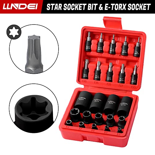 Torx Bit Socket and Female External Socket Set 24PCS, LLNDEI 10 Star Socket Bits (T8-T40)& 14 Female E-Torx Sockets (E4-E24) 1/4" 3/8" 1/2", CR-V, Star Drive Socket Kit with Mini Storage Box