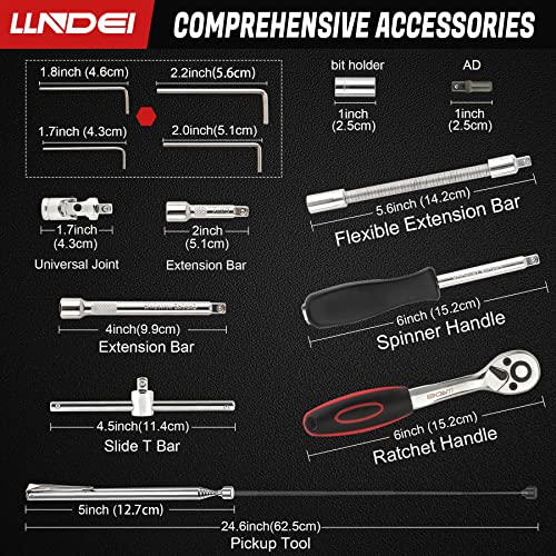 LLNDEI 1/4 Inch Socket Set Metric with Ratchet Wrench 57+1PCS, Magnetic Pick-Up Tool, Extensions with 1/4" Drive Bits 30PCS, Home Repair Kit & Automotive Repair, DIY'er (Sockets 4-14mm)