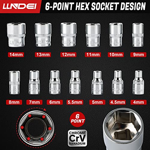 LLNDEI 1/4 Inch Socket Set Metric with Ratchet Wrench 57+1PCS, Magnetic Pick-Up Tool, Extensions with 1/4" Drive Bits 30PCS, Home Repair Kit & Automotive Repair, DIY'er (Sockets 4-14mm)