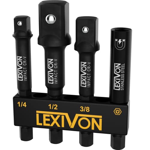 LEXIVON Impact Socket Adapter & Magnetic Bit Holder Set | 4 Pieces of 1/4-Inch Hex Shank Extension to 1/4", 3/8", and 1/2" Drive | Includes Organizer Rack (LX-104)