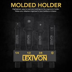 LEXIVON Impact Socket Adapter & Magnetic Bit Holder Set | 4 Pieces of 1/4-Inch Hex Shank Extension to 1/4", 3/8", and 1/2" Drive | Includes Organizer Rack (LX-104)