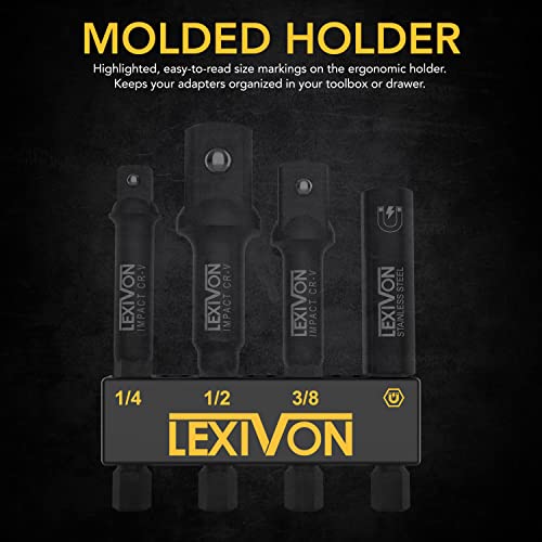 LEXIVON Impact Socket Adapter & Magnetic Bit Holder Set | 4 Pieces of 1/4-Inch Hex Shank Extension to 1/4", 3/8", and 1/2" Drive | Includes Organizer Rack (LX-104)