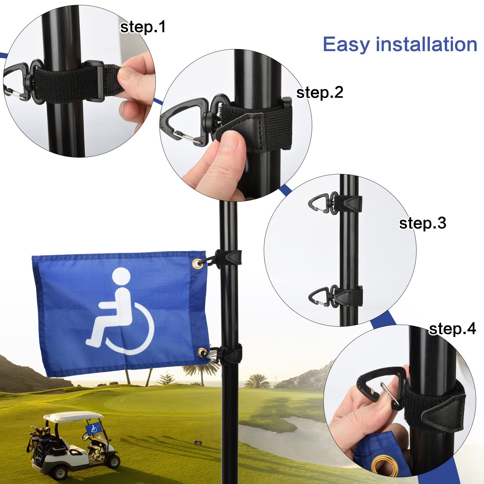 MOTAIN Easy Installation Golf Cart Flag Holder,Elastic Strap Bracket with 6 * 9'' Handicap Flag for Seniors Handicapped Disability