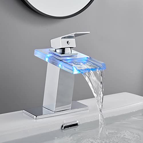 ROVOGO Led Faucet for Bathroom Sink, No Battery Needed Led Faucet Light Color Changing Glass Spout, Single Handle Waterfall Faucet with Deck Plate for 1-Hole or 3-Hole Bathroom Sink, Chrome