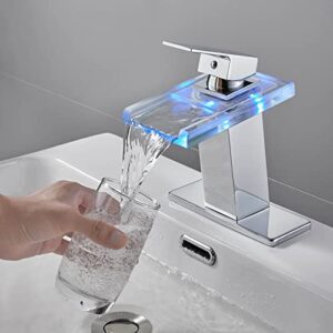 ROVOGO Led Faucet for Bathroom Sink, No Battery Needed Led Faucet Light Color Changing Glass Spout, Single Handle Waterfall Faucet with Deck Plate for 1-Hole or 3-Hole Bathroom Sink, Chrome