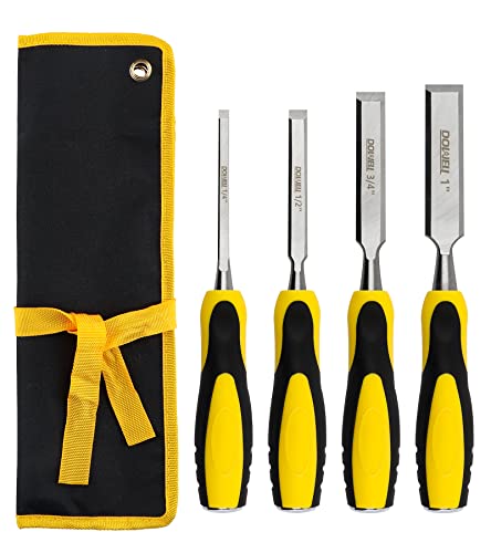 DOWELL Wood Chisel Tool Set 4pc Sturdy Chisel, 1/4 inch,1/2 inch,3/4 inch,1 inch with Carpenter Pencils HY080103