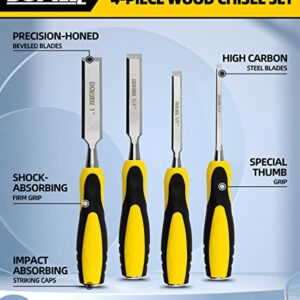 DOWELL Wood Chisel Tool Set 4pc Sturdy Chisel, 1/4 inch,1/2 inch,3/4 inch,1 inch with Carpenter Pencils HY080103