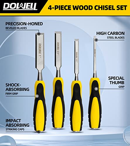 DOWELL Wood Chisel Tool Set 4pc Sturdy Chisel, 1/4 inch,1/2 inch,3/4 inch,1 inch with Carpenter Pencils HY080103