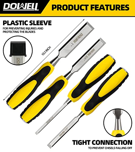 DOWELL Wood Chisel Tool Set 4pc Sturdy Chisel, 1/4 inch,1/2 inch,3/4 inch,1 inch with Carpenter Pencils HY080103