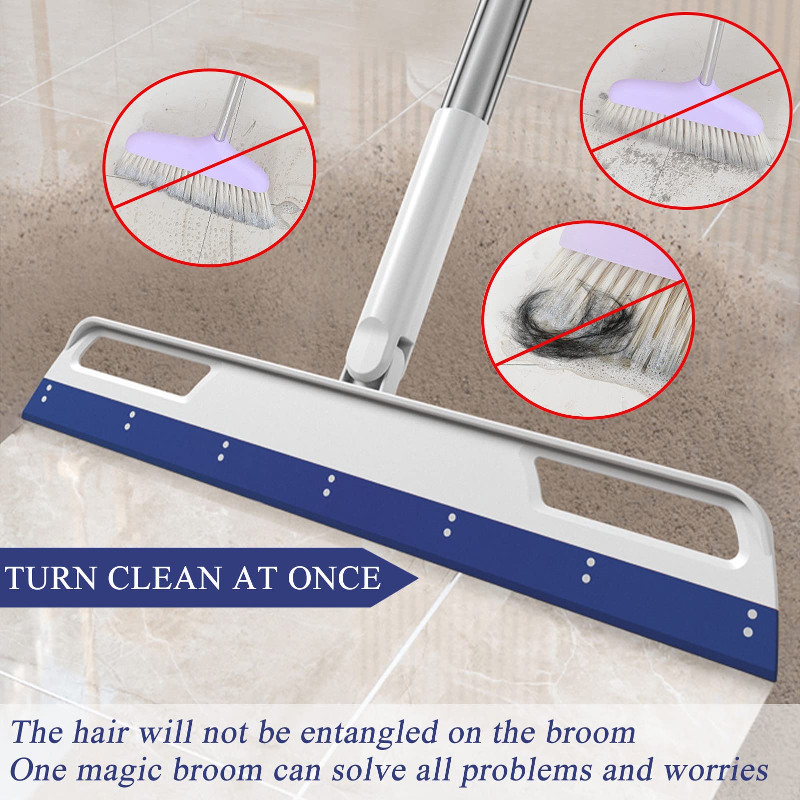 Multifunction Magic Broom, 3-in-1 Adjustable Indoor Broom Sweeper, Detachable Floor Squeegee Glass Wiper, Washable Scraping Brooms for Tile Windows, Pet Hair Remover (Blue)