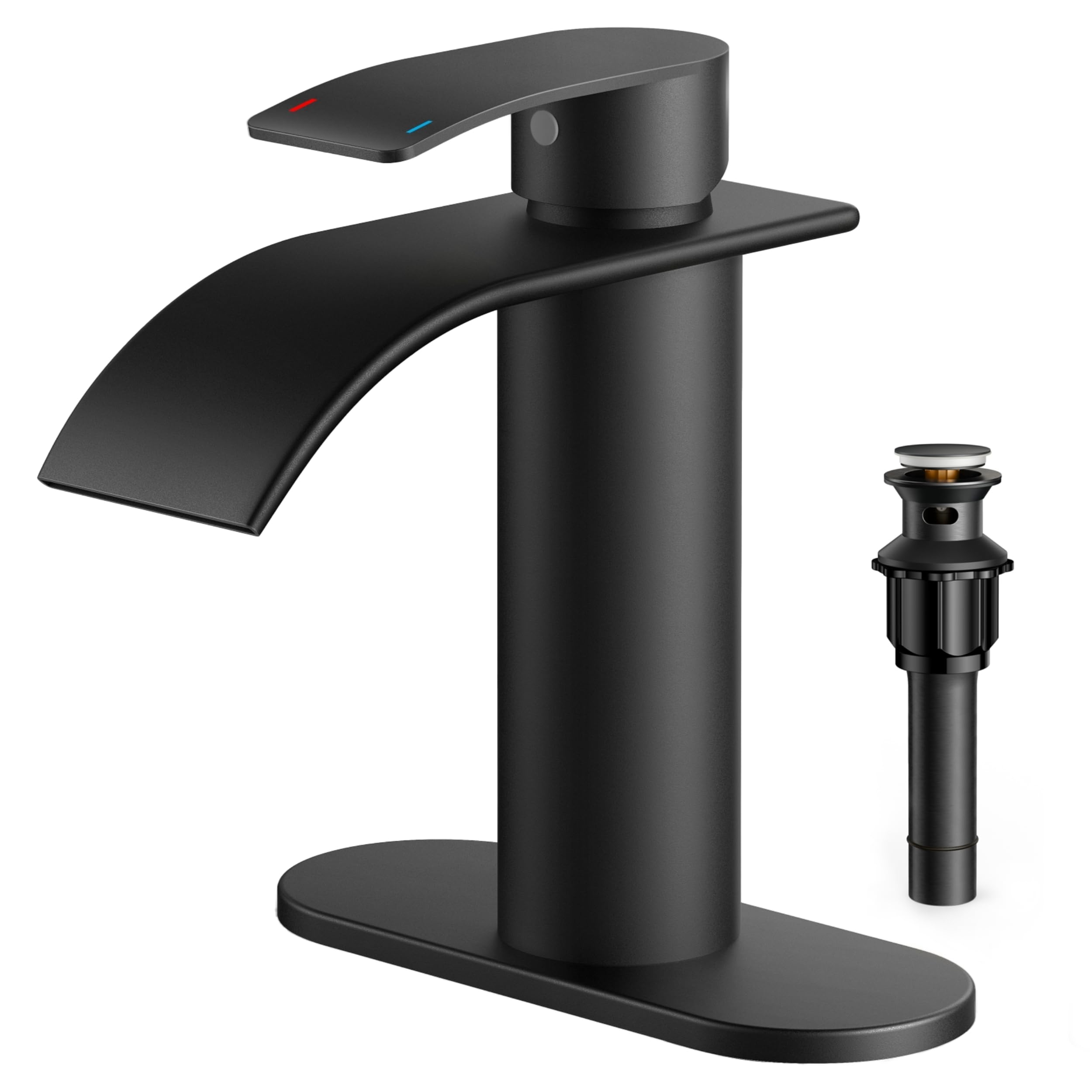 FORIOUS Matte Black Bathroom Faucet, Waterfall Bathroom Sink Faucet for 1 Hole or 3 Holes, Single Handle Vanity Faucet with Metal Pop up Drain, Stainless Steel Basin Sink Faucet Tap for RV Lavatory