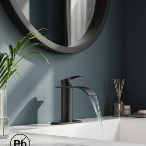 FORIOUS Matte Black Bathroom Faucet, Waterfall Bathroom Sink Faucet for 1 Hole or 3 Holes, Single Handle Vanity Faucet with Metal Pop up Drain, Stainless Steel Basin Sink Faucet Tap for RV Lavatory