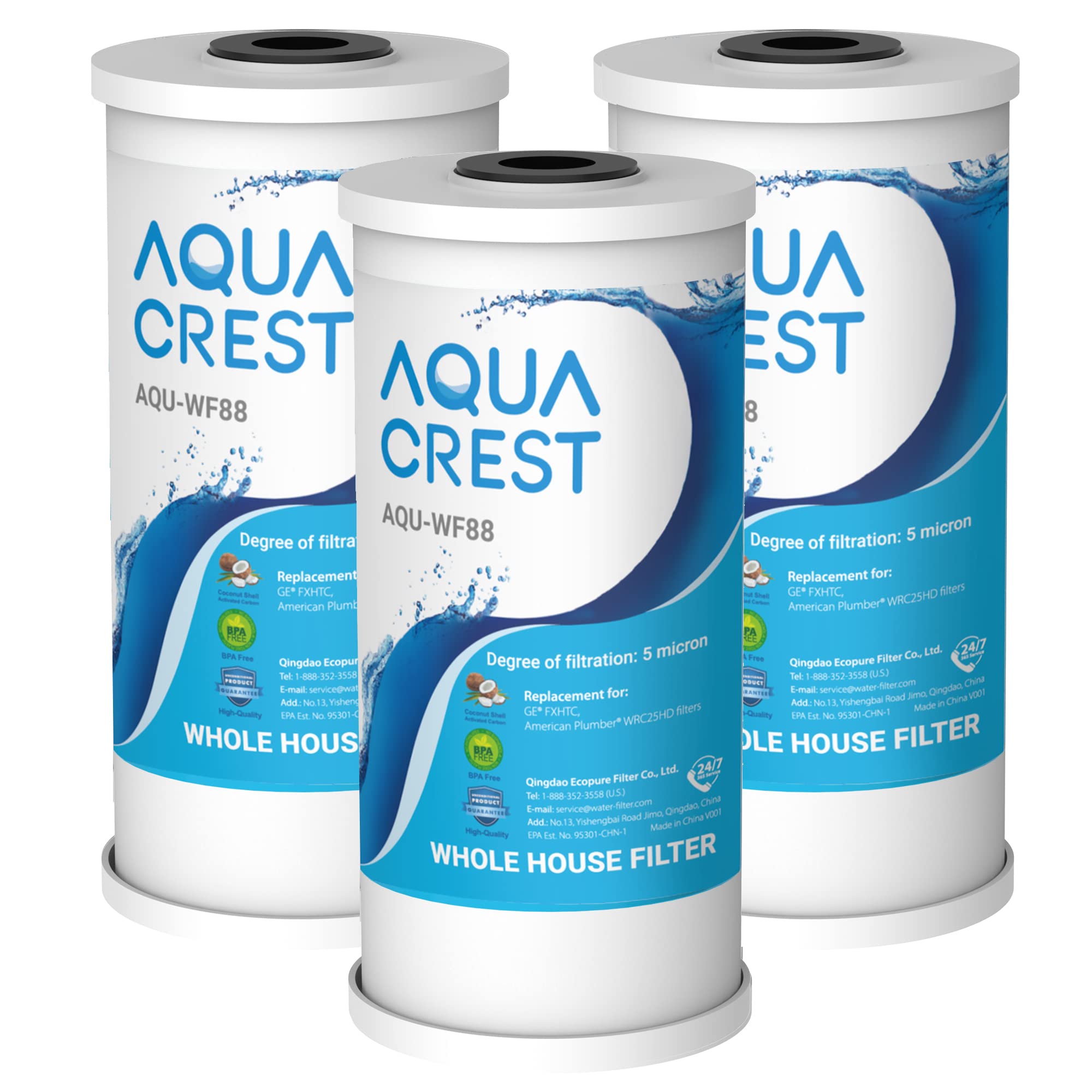 AQUACREST FXHTC Water Filter, Whole House Water Filter, Well Water Filter, Replacement for GE® FXHTC, GXWH40L, American Plumber W10-PR, Culligan® RFC-BBSA, W10-BC, Carbon Filters, 5 Micron, Pack of 3