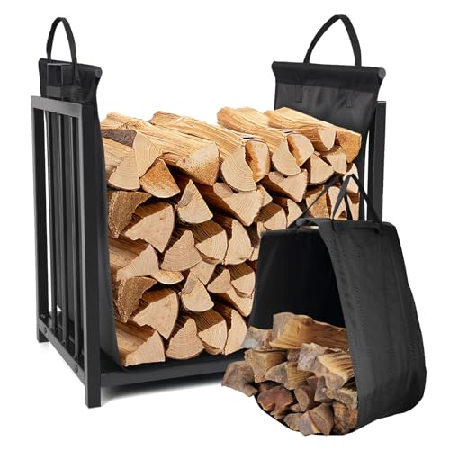 WHDPETS Firewood Rack Fireplace Log Holder with Canvas Carrier, Outdoor Indoor Firewood Rack Holder Logs Stand for Fireplace Wood Storage, 20 inch Tall, Black