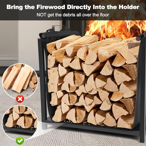 WHDPETS Firewood Rack Fireplace Log Holder with Canvas Carrier, Outdoor Indoor Firewood Rack Holder Logs Stand for Fireplace Wood Storage, 20 inch Tall, Black