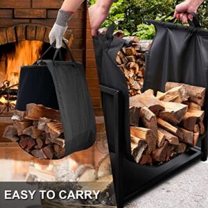 WHDPETS Firewood Rack Fireplace Log Holder with Canvas Carrier, Outdoor Indoor Firewood Rack Holder Logs Stand for Fireplace Wood Storage, 20 inch Tall, Black