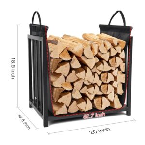 WHDPETS Firewood Rack Fireplace Log Holder with Canvas Carrier, Outdoor Indoor Firewood Rack Holder Logs Stand for Fireplace Wood Storage, 20 inch Tall, Black