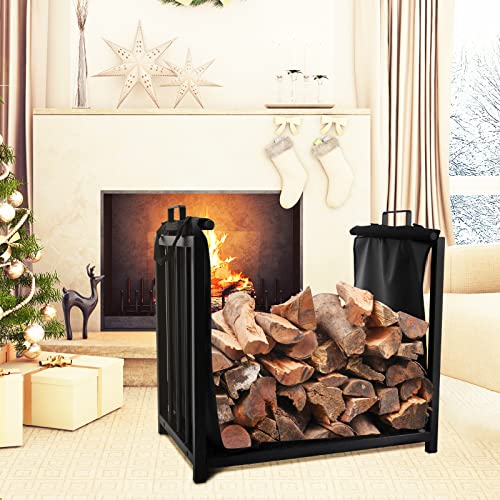 WHDPETS Firewood Rack Fireplace Log Holder with Canvas Carrier, Outdoor Indoor Firewood Rack Holder Logs Stand for Fireplace Wood Storage, 20 inch Tall, Black