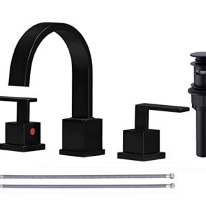 KINGO HOME Matte Black Bathroom Faucet, Black Faucet Bathroom 3 Hole 8inch Widespread Waterfall 2 Handle Black Faucets Bathroom Sink Vanity Faucet with Pop Up Drain and Supply Lines