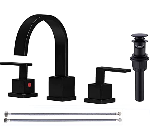 KINGO HOME Matte Black Bathroom Faucet, Black Faucet Bathroom 3 Hole 8inch Widespread Waterfall 2 Handle Black Faucets Bathroom Sink Vanity Faucet with Pop Up Drain and Supply Lines