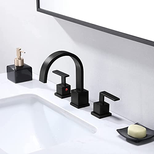 KINGO HOME Matte Black Bathroom Faucet, Black Faucet Bathroom 3 Hole 8inch Widespread Waterfall 2 Handle Black Faucets Bathroom Sink Vanity Faucet with Pop Up Drain and Supply Lines