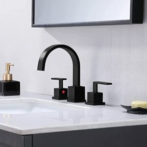 KINGO HOME Matte Black Bathroom Faucet, Black Faucet Bathroom 3 Hole 8inch Widespread Waterfall 2 Handle Black Faucets Bathroom Sink Vanity Faucet with Pop Up Drain and Supply Lines