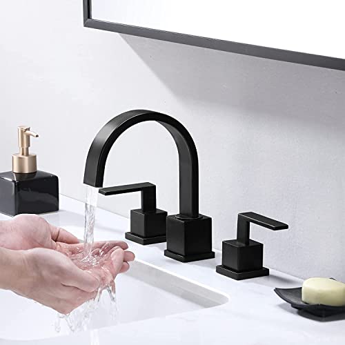 KINGO HOME Matte Black Bathroom Faucet, Black Faucet Bathroom 3 Hole 8inch Widespread Waterfall 2 Handle Black Faucets Bathroom Sink Vanity Faucet with Pop Up Drain and Supply Lines