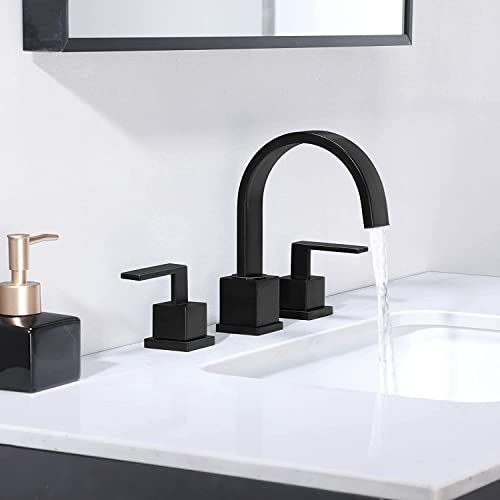 KINGO HOME Matte Black Bathroom Faucet, Black Faucet Bathroom 3 Hole 8inch Widespread Waterfall 2 Handle Black Faucets Bathroom Sink Vanity Faucet with Pop Up Drain and Supply Lines