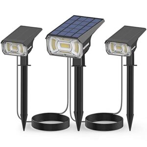 100led solar outdoor lights power 2pcs 40led non-solar lights for shady areas via 9.8ft cables(no need plug in), ip68 solar spotlights outdoor, 3 light modes auto on/off solar powered spot lights