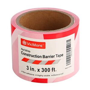 VICMORE High Visibility Red White Stripe Caution Tape 3" x 300' Roll for Safety & Warning Durable & Eye-Catching Barrier Tape for Construction, Hazards, and Events Easily Spotted Hazard Tape